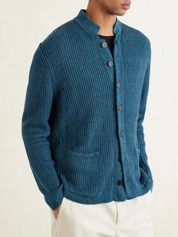Inis Meáin Lightkeeper Ribbed Linen Cardigan - Blue