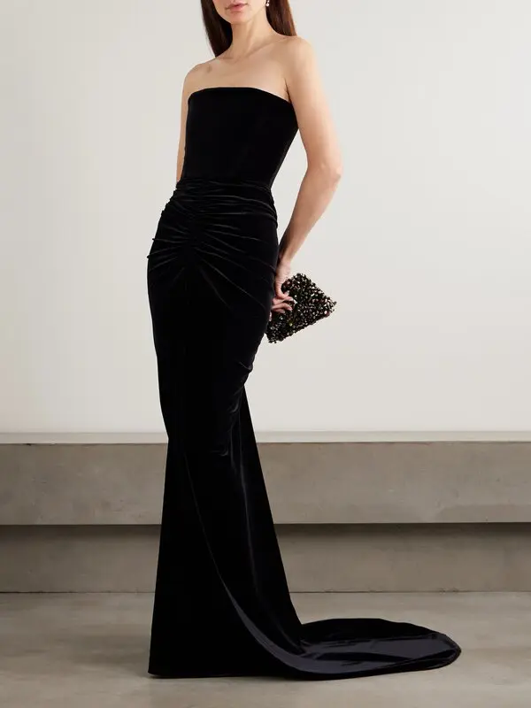 Alex Perry Strapless Ruched Velvet Gown - Black | Editorialist