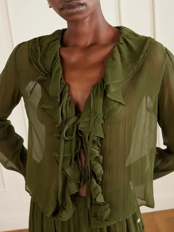 BODE Flounce Ruffled Silk-crepon Blouse - Green