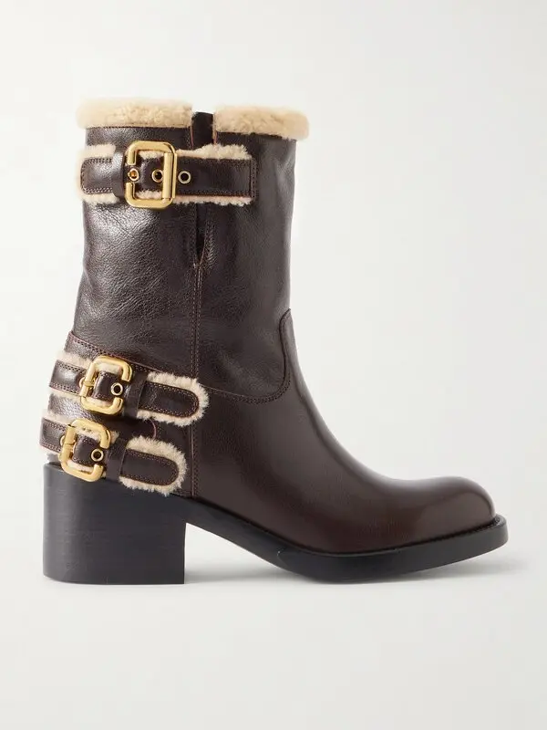 Chloé Dakota Buckled Shearling-trimmed Leather Ankle Boots - Brown