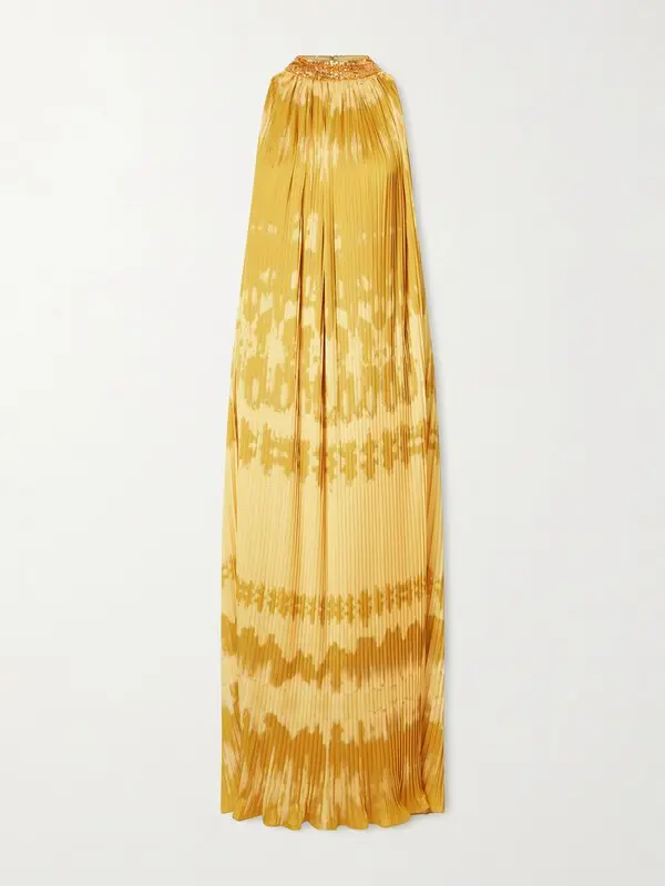 DIMA AYAD Embellished Tie-dyed Plissé-satin Gown - Yellow