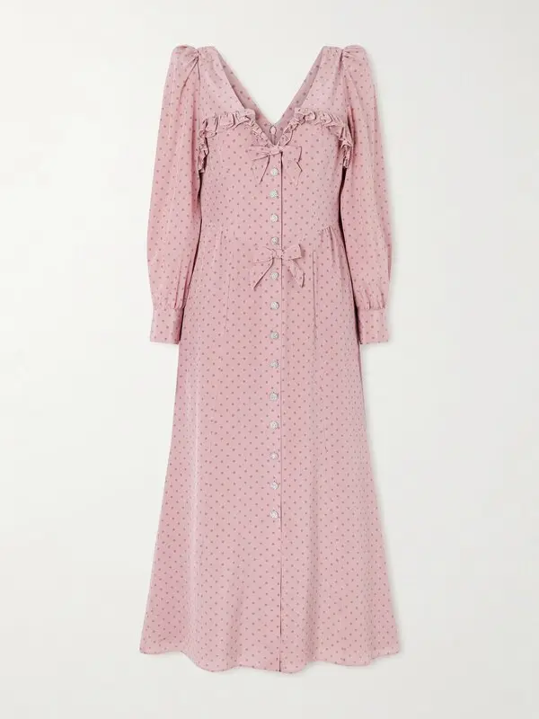 Alessandra Rich Bow-detailed Embellished Polka-dot Silk Midi Dress - Pink