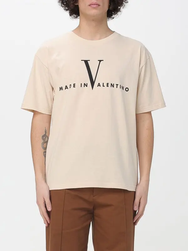 Valentino Garavani Crew Neck T-shirt In Cotton With Contrast Logo - Butter
