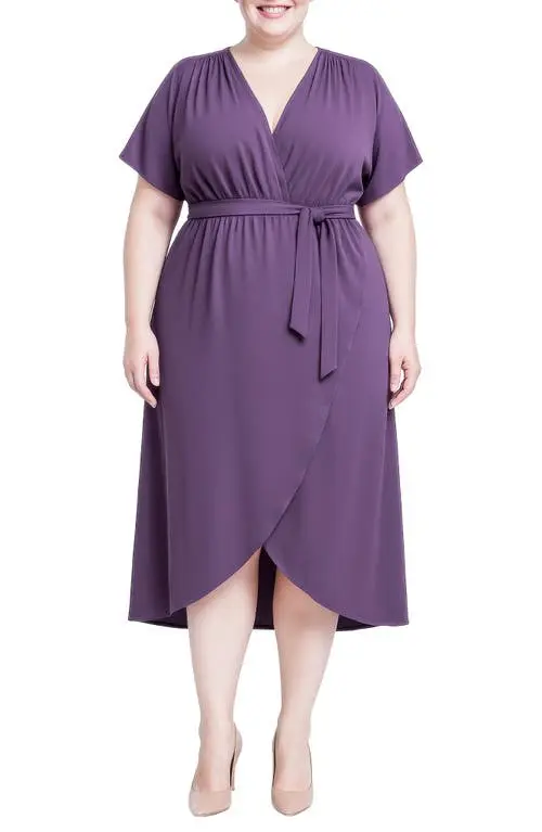 STANDARDS & PRACTICES Tie Front Faux Wrap Midi Dress - Purple