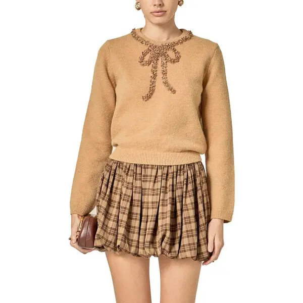 English Factory Floral Bow Trim Sweater - Brown