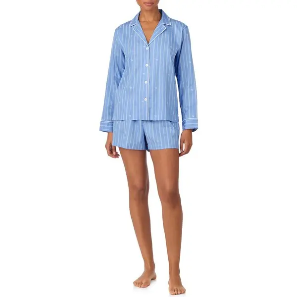 Ralph Lauren Stripe Cotton Blend Short Pajamas - Blue Print
