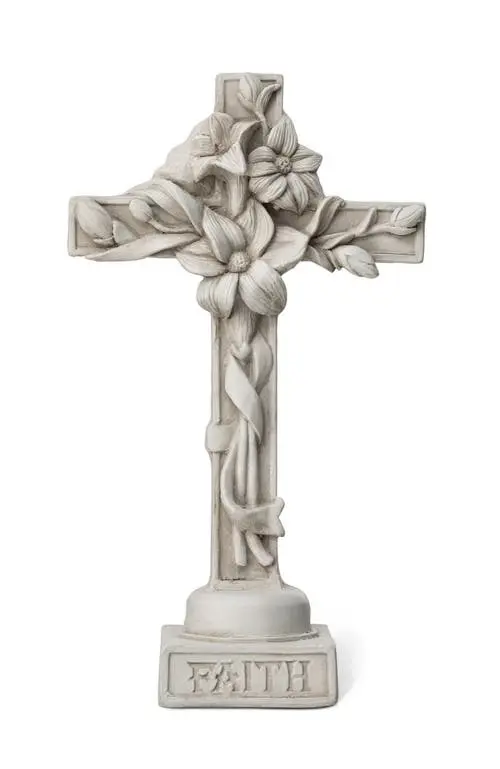 GLITZHOME 13.75"h Mgo Holy Christian Cross With Lily Garden Statue - White