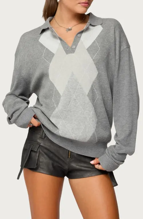 EDIKTED Argyle Oversize Cotton Polo Sweater