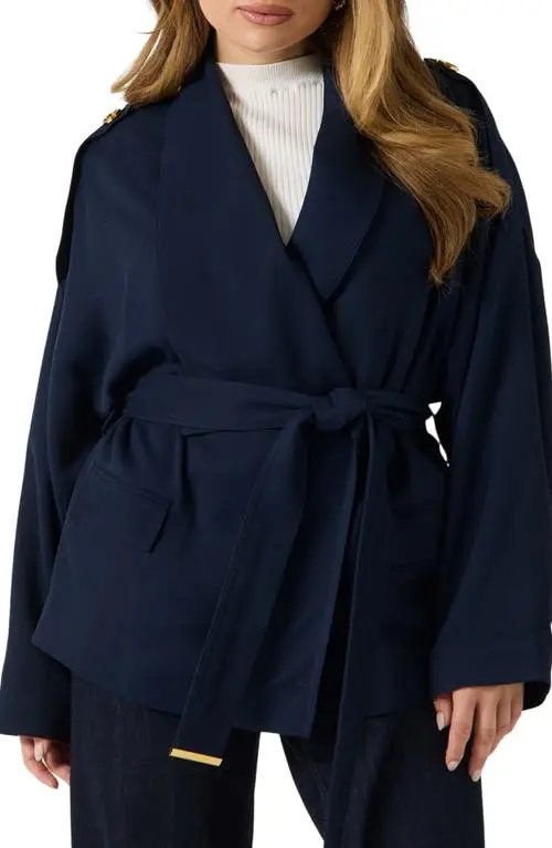 MARCIANO Abby Belted Wool Wrap Jacket - Medium Blue