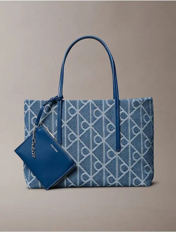Calvin Klein Allover Emblem Logo Denim Small Tote Bag - Denim Medium Wash