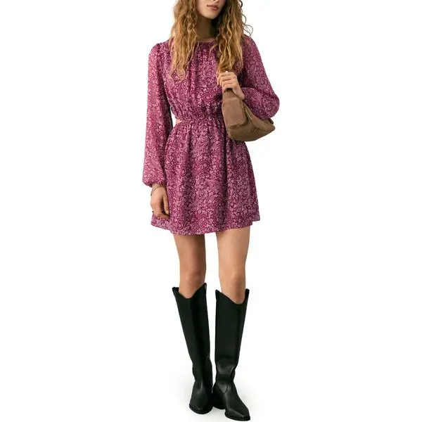 Mango Paisley Cutout Long Sleeve Dress - Maroon