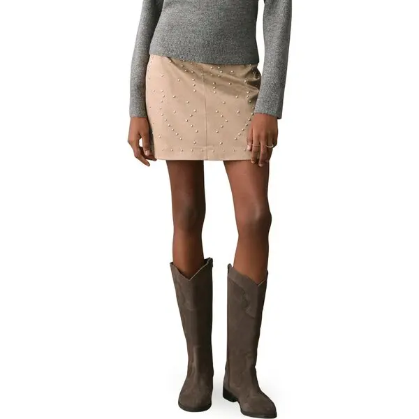 Mango Studded Faux Suede Mini Skirt - Sand