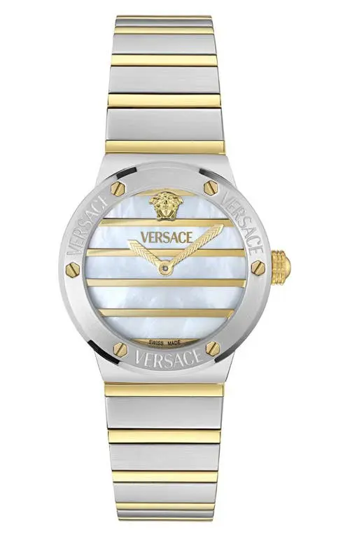 Versace Greca Logo Mother-of-pearl Bracelet Watch - White/two Tone
