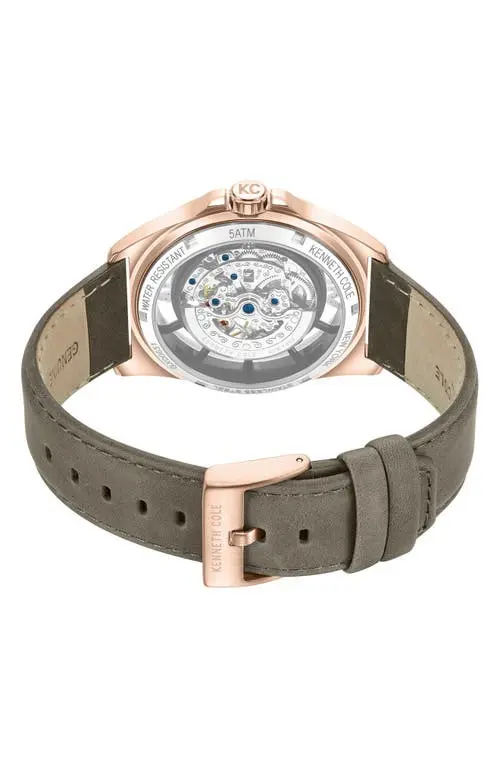 KENNETH COLE Skeleton Automatic Leather Strap Watch - Khaki
