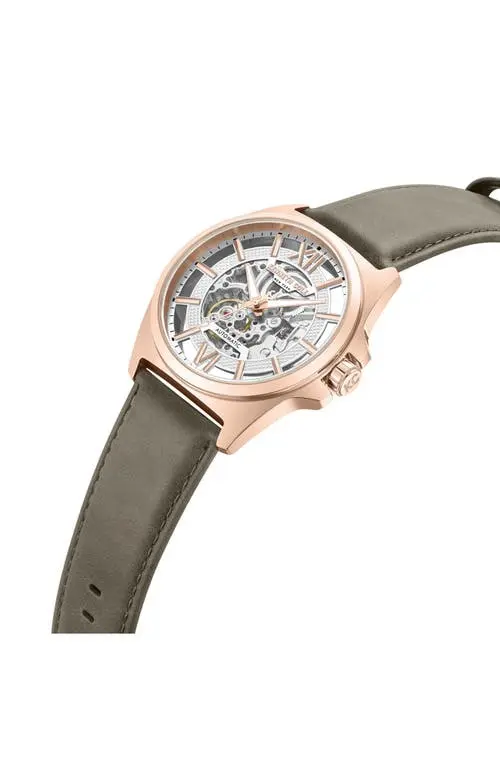 KENNETH COLE Skeleton Automatic Leather Strap Watch - Khaki