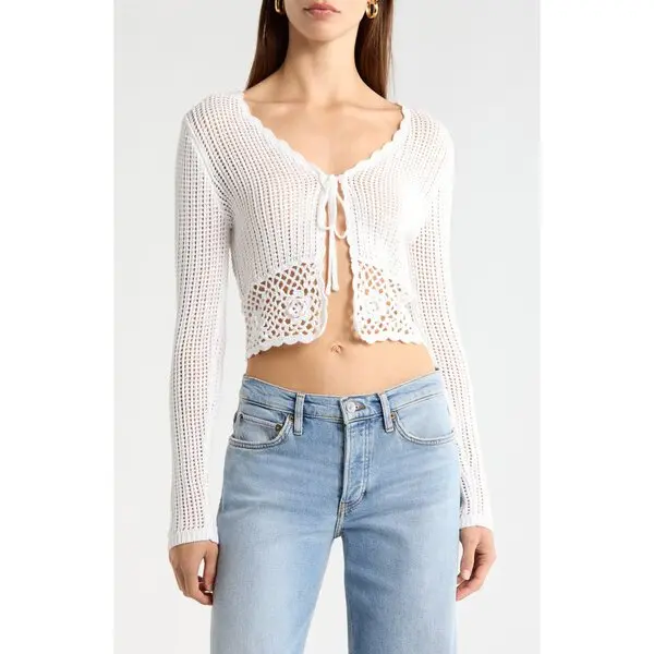 ALL IN FAVOR Crochet Detail Tie-front Sweater