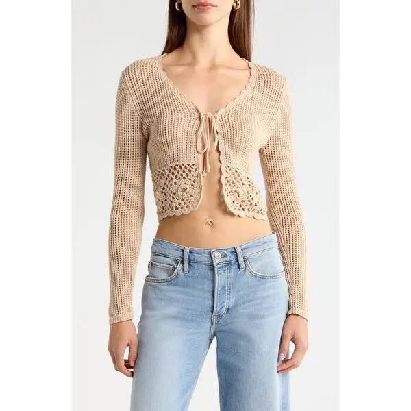 ALL IN FAVOR Crochet Detail Tie-front Sweater - Tan