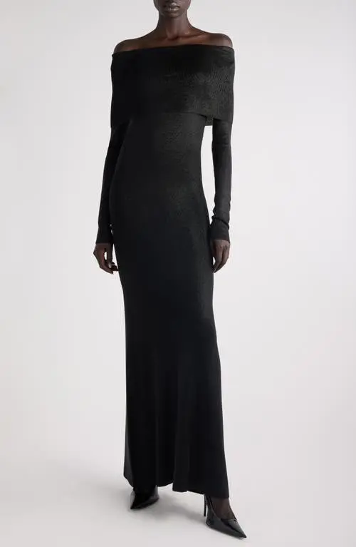 Balenciaga Off-the-shoulder Long Sleeve Metallic Knit Maxi Dress