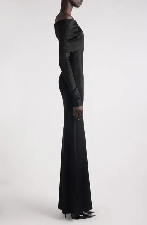 Balenciaga Off-the-shoulder Long Sleeve Metallic Knit Maxi Dress