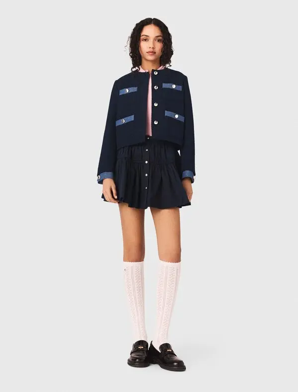Maje Cropped Tweed Jacket With Denim Trim