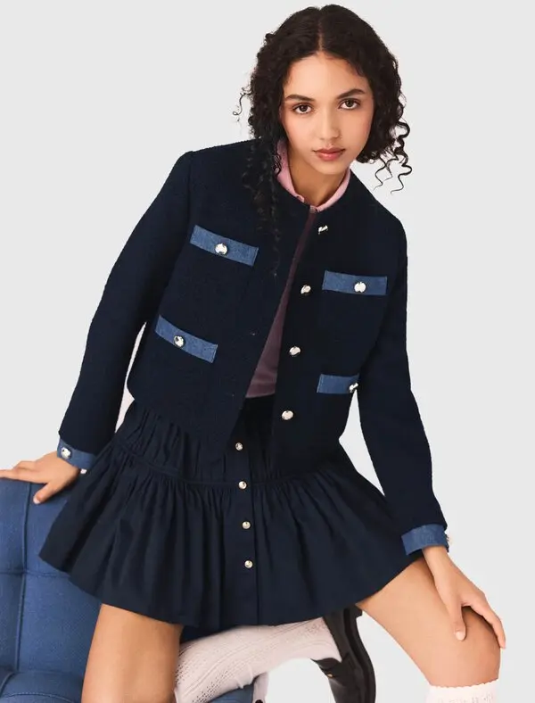 Maje Cropped Tweed Jacket With Denim Trim