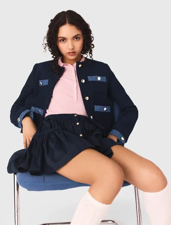 Maje Cropped Tweed Jacket With Denim Trim
