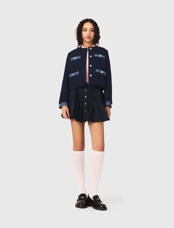 Maje Cropped Tweed Jacket With Denim Trim - Navy