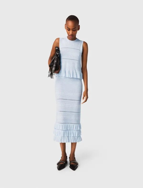 Maje Viscose Pointelle Knit Midi Skirt With Layered Ruffles - Blue Sky