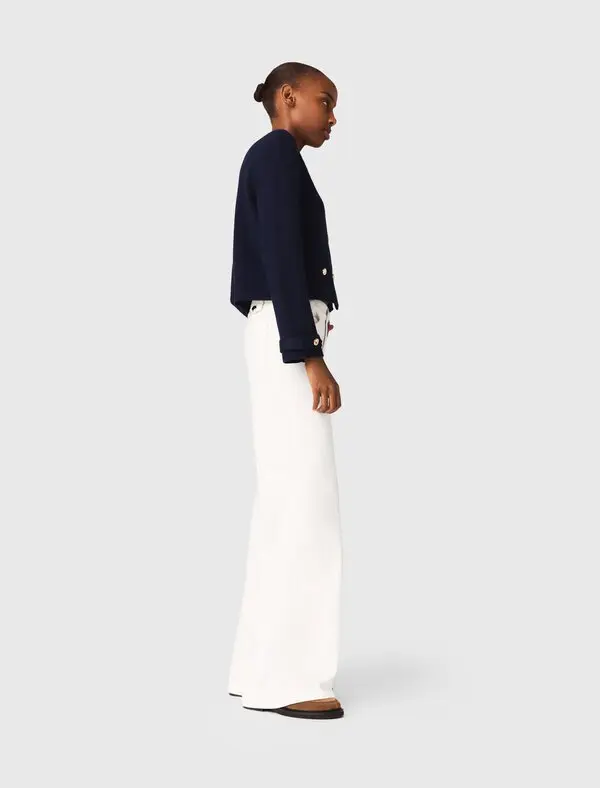 Maje Cropped Cardigan With Embroidered Scalloped Collar - Navy