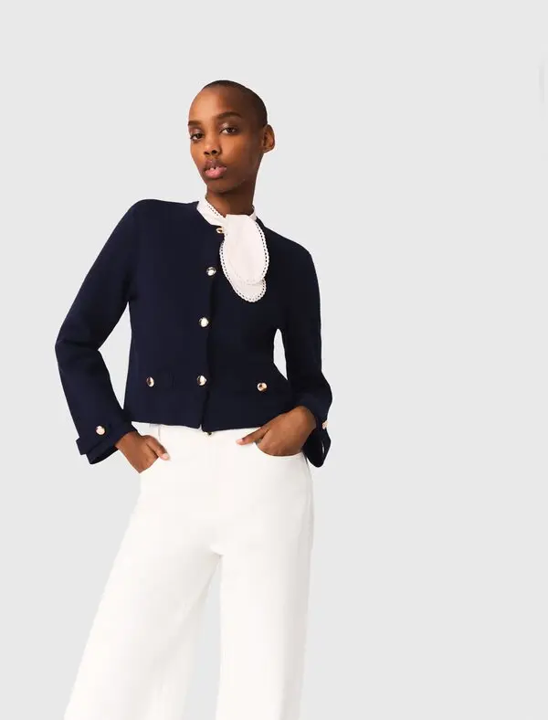 Maje Cropped Cardigan With Embroidered Scalloped Collar - Navy