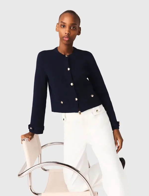 Maje Cropped Cardigan With Embroidered Scalloped Collar - Navy