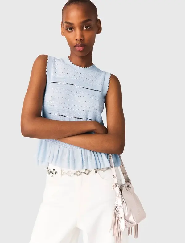 Maje Viscose Ruffled Knit Top - Blue Sky
