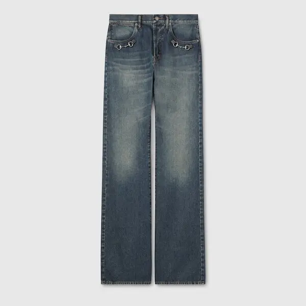 Gucci Cotton Denim Flare Pants With Horsebit Detail - Blue