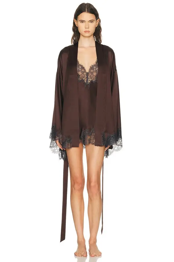 SKIMS Silk Lace Robe In Brown - Espresso Contrast