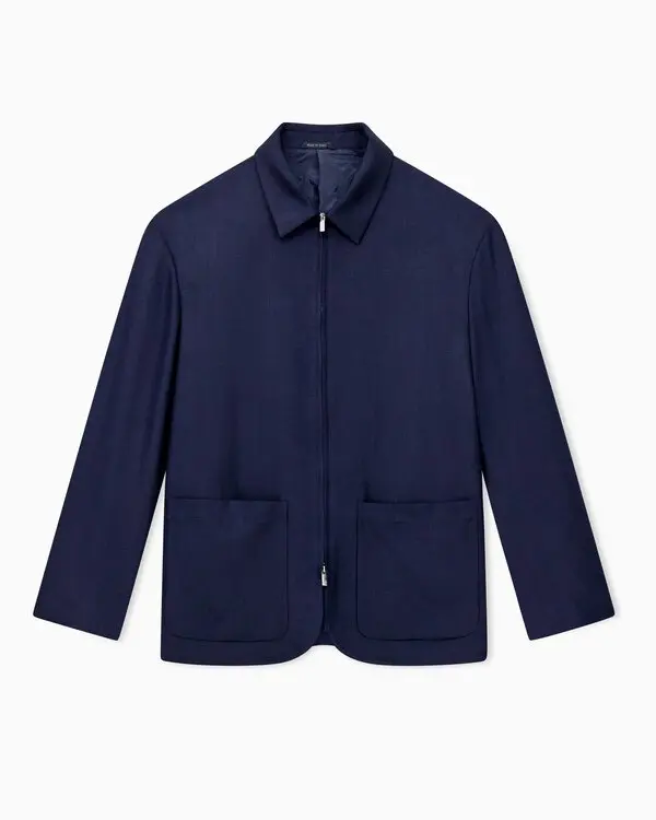 Giorgio Armani Zip-up Jacket In Wool And Cashmere Chevron - Blue