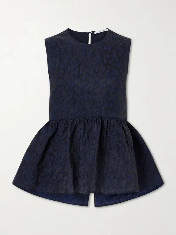 Cecilie Bahnsen Margueritte Embroidered Cotton-blend Cloqué Peplum Top - Blue
