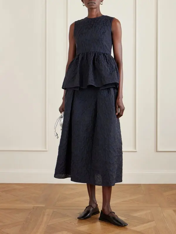 Cecilie Bahnsen Margueritte Embroidered Cotton-blend Cloqué Peplum Top - Blue