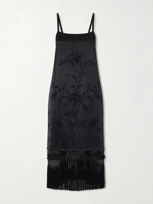 BODE Fringed Embroidered Silk-satin Midi Dress - Black