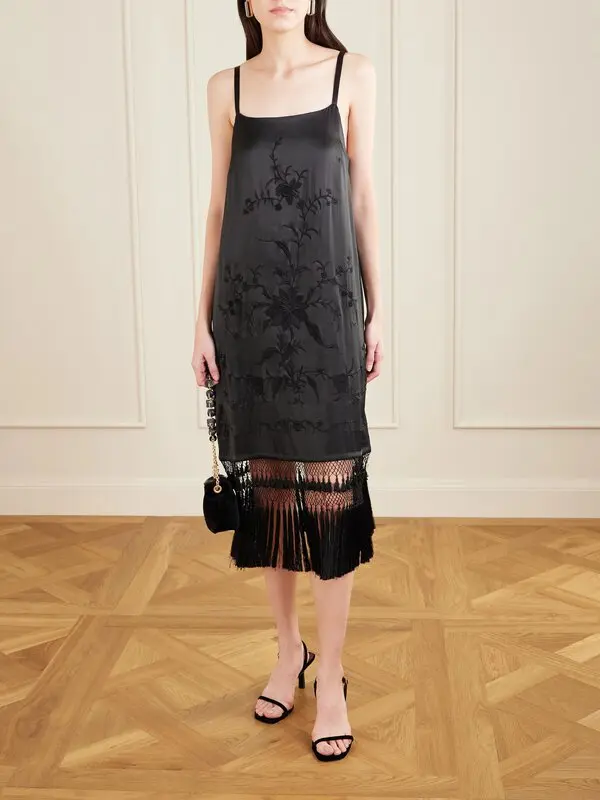 BODE Fringed Embroidered Silk-satin Midi Dress