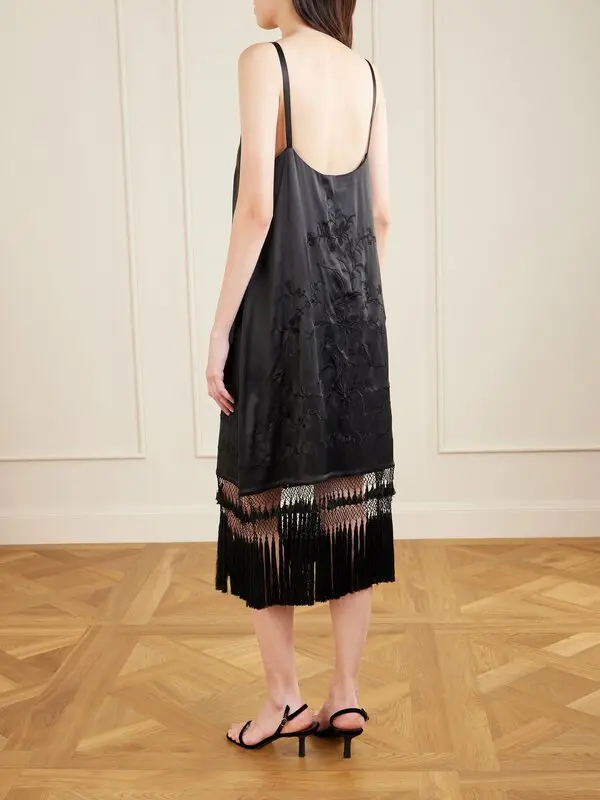 BODE Fringed Embroidered Silk-satin Midi Dress