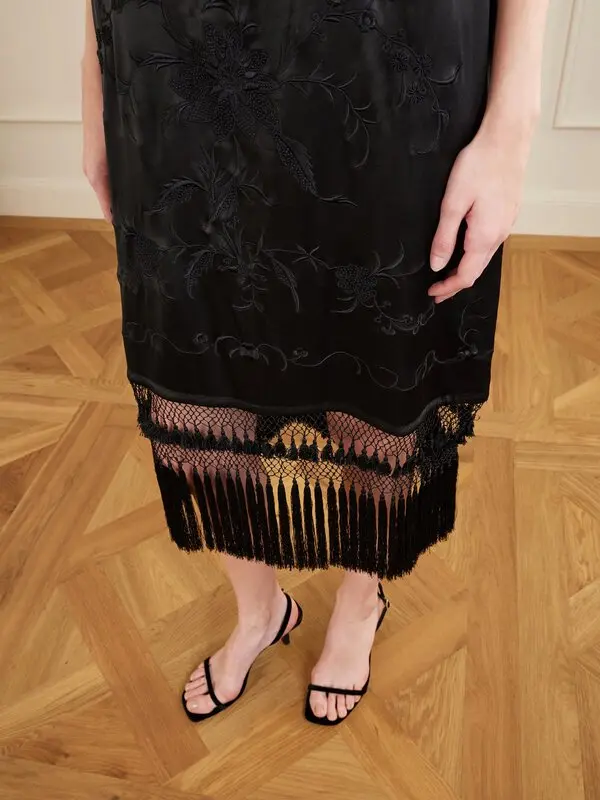 BODE Fringed Embroidered Silk-satin Midi Dress