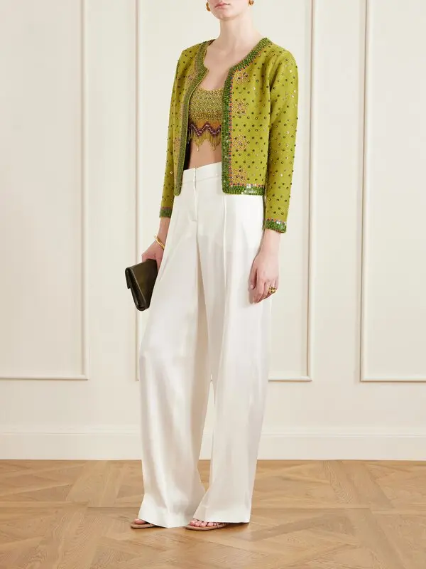 BODE Bottleglass Cropped Beaded Top - Green