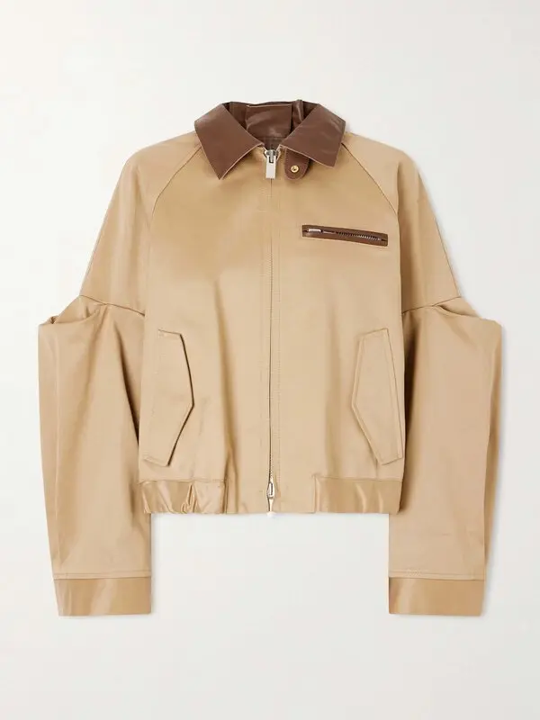 Sacai Pleated Leather-trimmed Cotton-twill Jacket - Neutrals