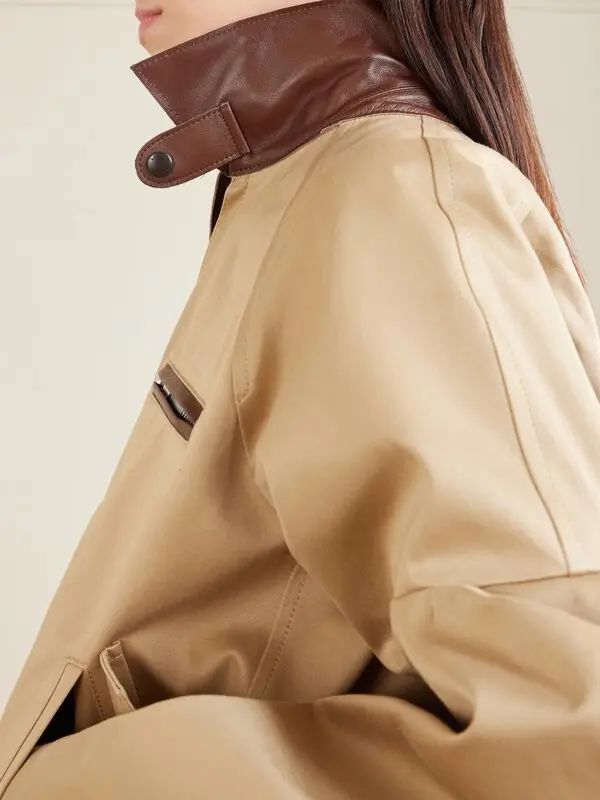Sacai Pleated Leather-trimmed Cotton-twill Jacket - Neutrals
