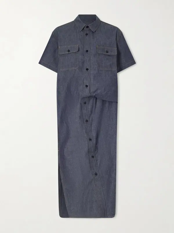Sacai Gathered Denim Midi Dress