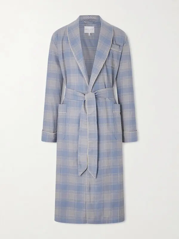 Derek Rose Kelburn 52 Belted Checked Cotton Robe - Blue