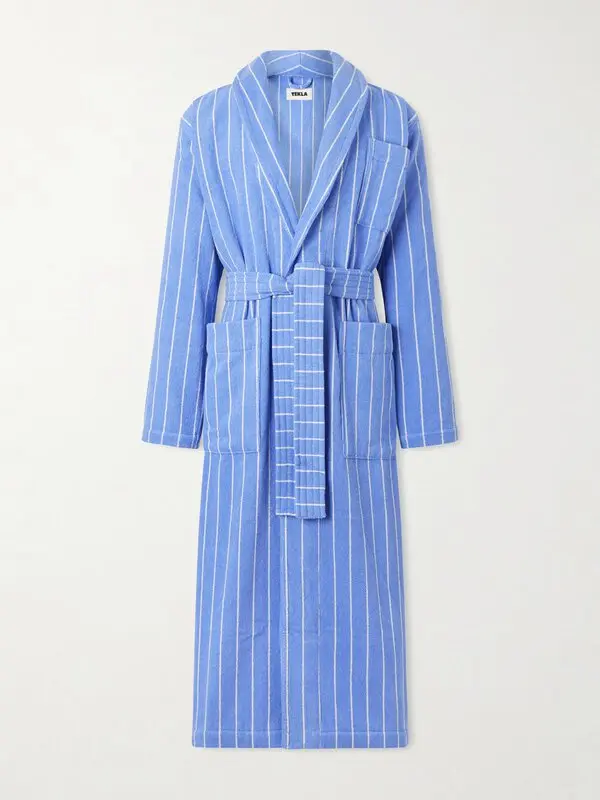 TEKLA Belted Striped Organic Cotton-terry Robe - Blue