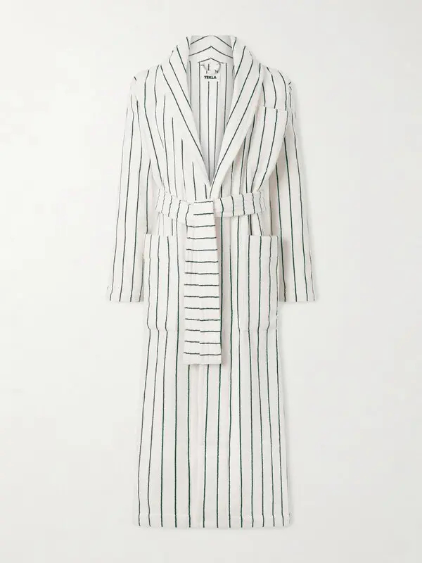 TEKLA Belted Striped Organic Cotton-terry Robe - Green