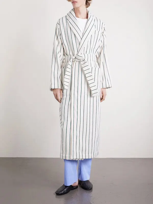 TEKLA Belted Striped Organic Cotton-terry Robe - Green