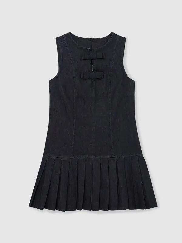 REISS Ruby Sleeveless Pleated Denim Mini Dress